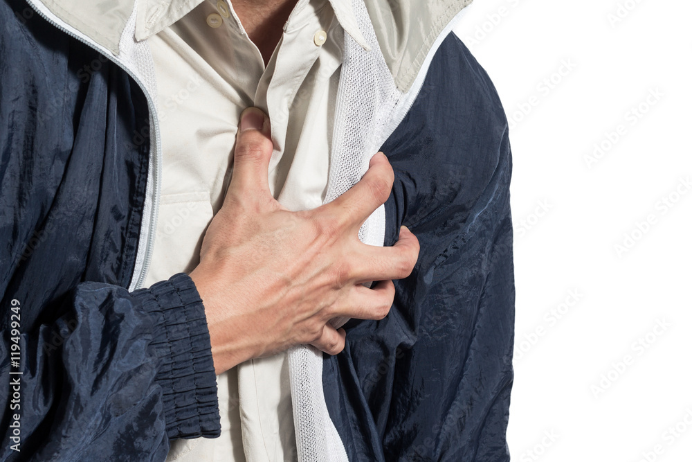 hand grabbing on chest, isolated on white, for heart attack or ...