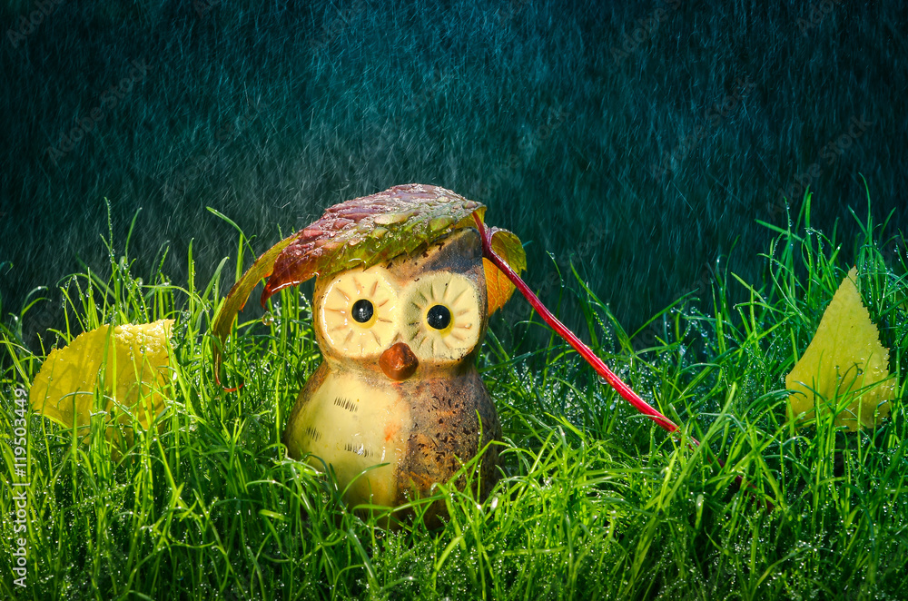Niedliche Eule Deko Figur im Garten nachts im Herbst bei Regen mit ...