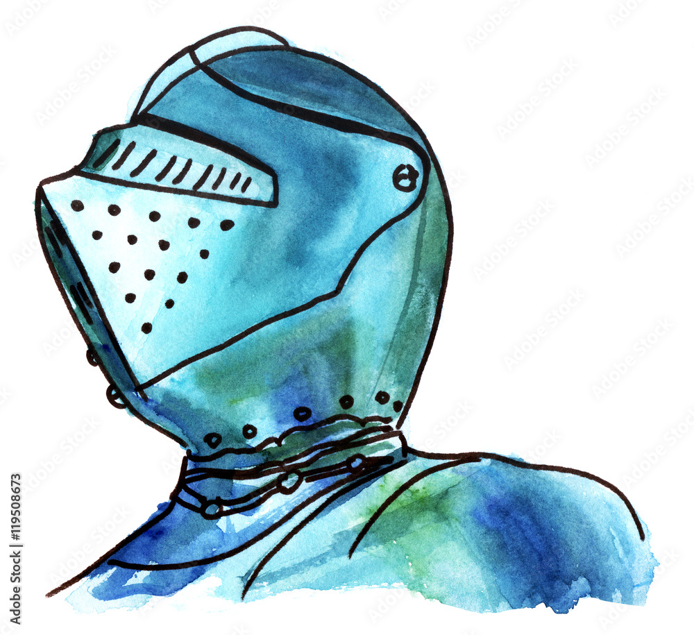 Watercolor and ink drawing of medieval knight in helmet Stock ...