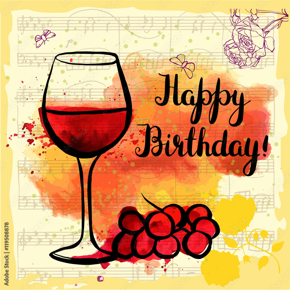 Vector Happy Birthday card with red wine, roses and butterflies Stock ...