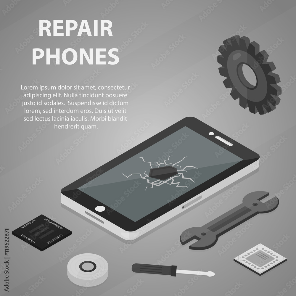 Vector isometric banner of repair mobile phones for website and ...