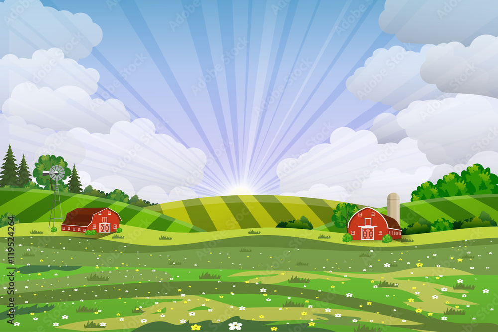 Cartoon farm green seeding field, Stock Vector | Adobe Stock