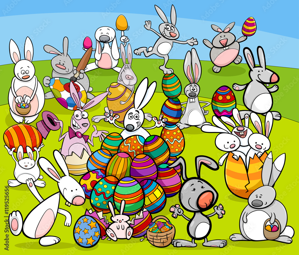 easter bunny big group cartoon Stock Vector | Adobe Stock