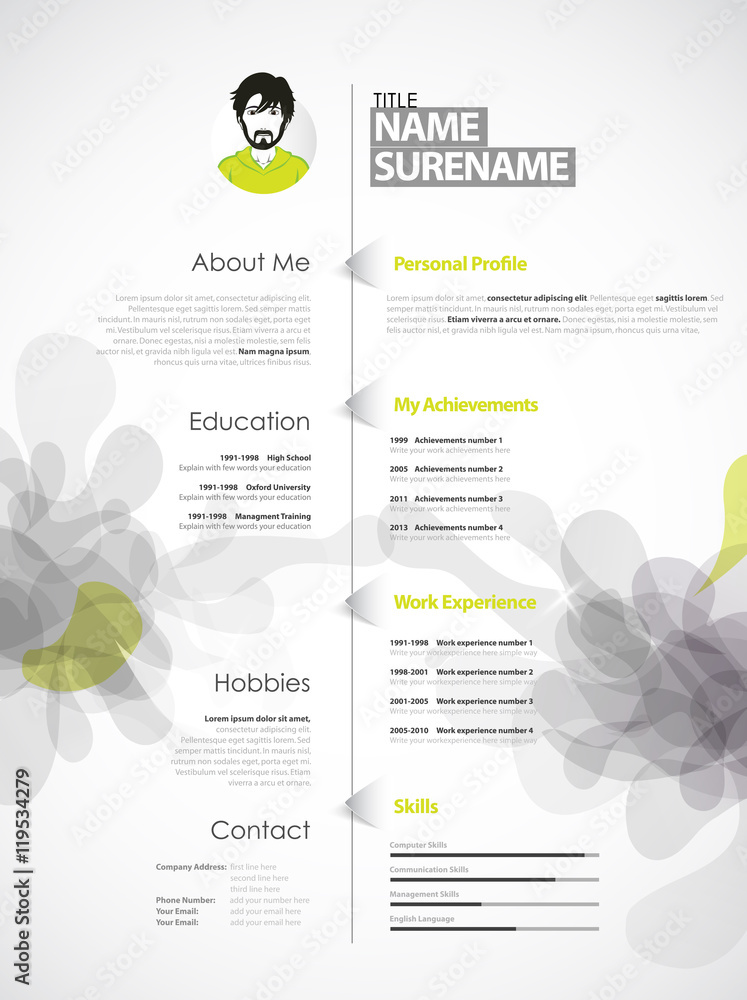 Creative, color rich CV / resume template with grey abstract spl Stock ...