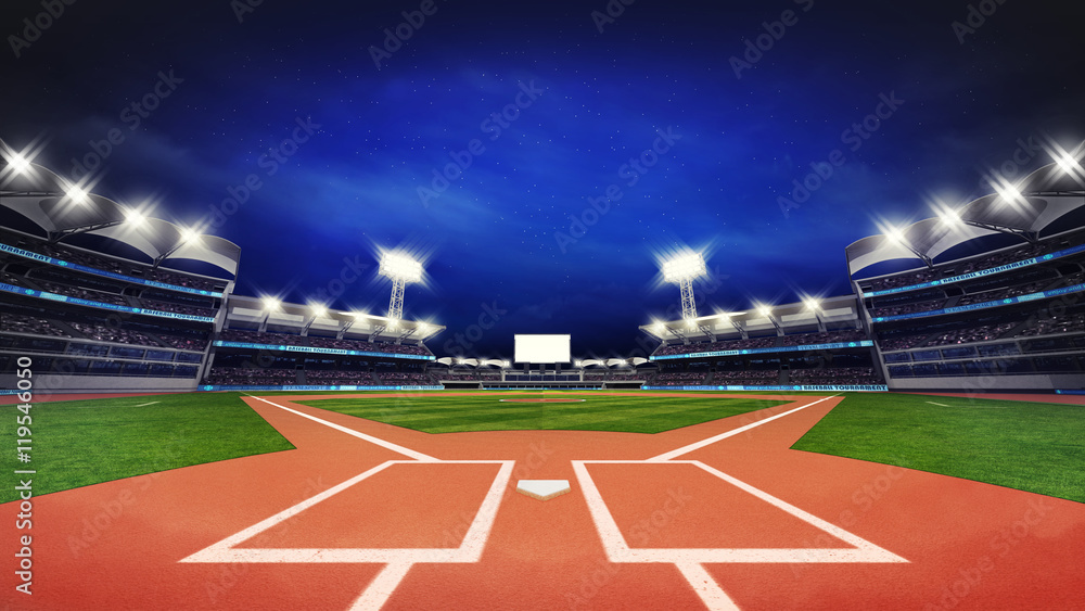 modern baseball stadium pitch with fans and green grass Stock ...