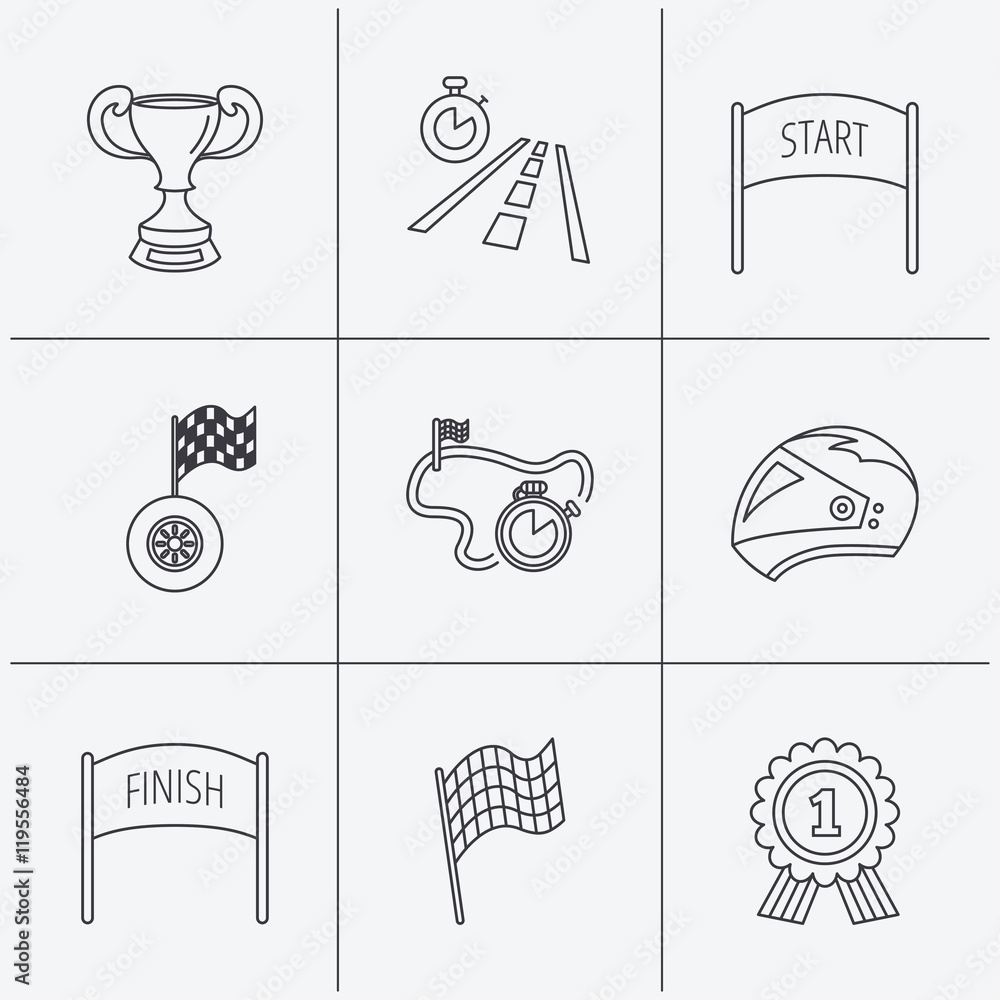 Winner cup and award icons. Race flag signs. Stock Vector | Adobe Stock