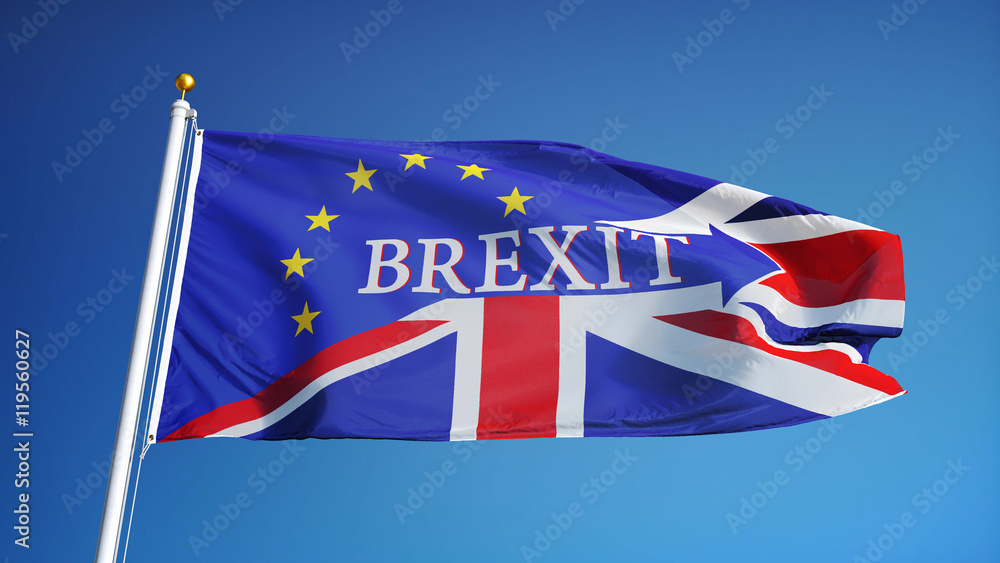 Great Britain Brexit flag waving against clean blue sky, close up ...