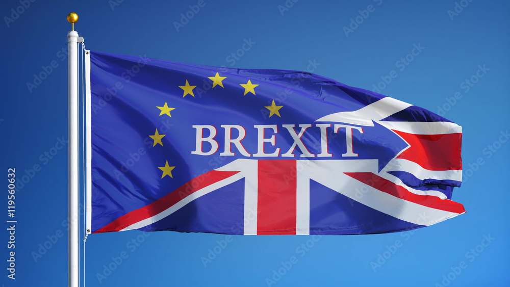Great Britain Brexit flag waving against clean blue sky, close up ...