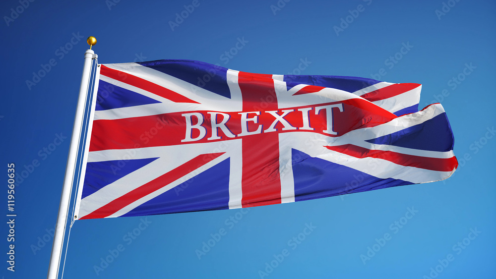 Great Britain Brexit flag waving against clean blue sky, close up ...