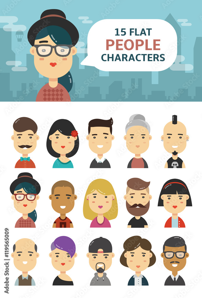 A set of 15 people characters in a flat style. city people. isolated on ...