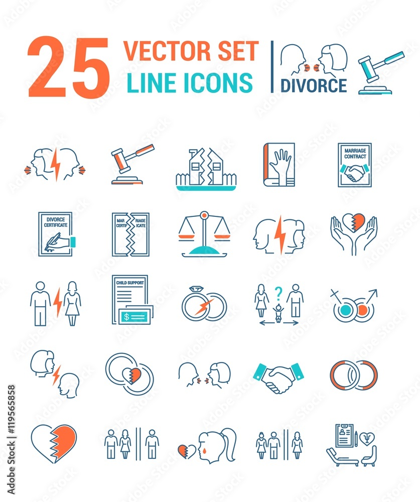 Vector set of icons in a linear design on the subject of divorce Stock ...