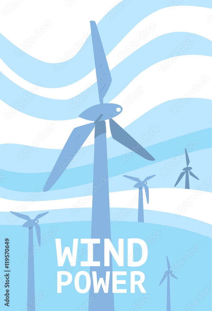 Wind power vector illustration. Blue wind turbines on background of ...