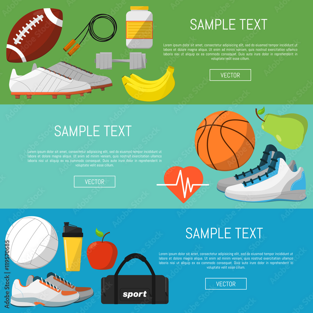 Fitness And Healthy Lifestyle Horizontal Banners Vector Illustration