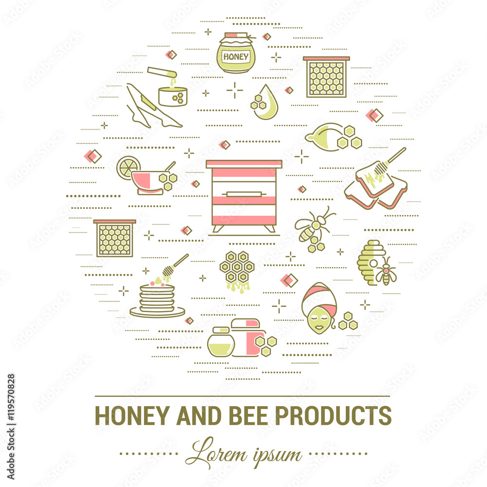 Flat line illustration of honey and bee products for card, advertising ...