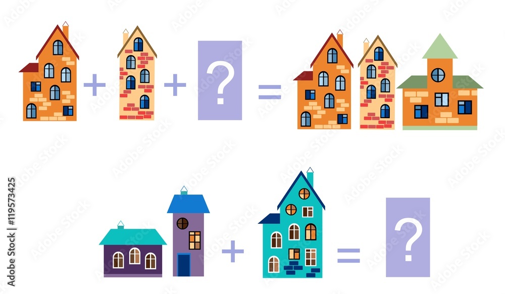 Cartoon illustration of mathematical addition. Examples with buildings ...