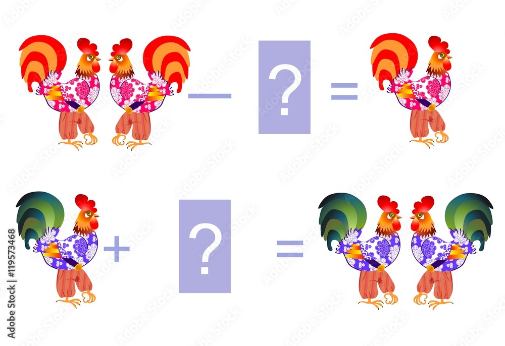 Year of the rooster. Cartoon illustration of mathematical addition and ...