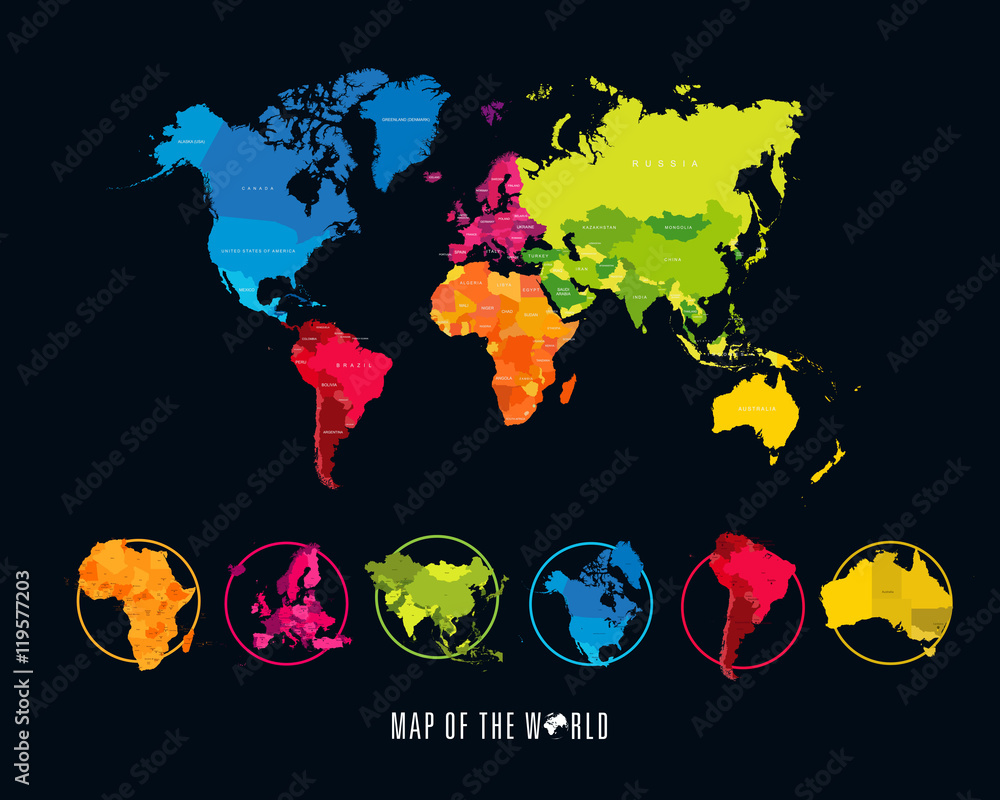 World map with different colored continents - Illustration Stock Vector ...