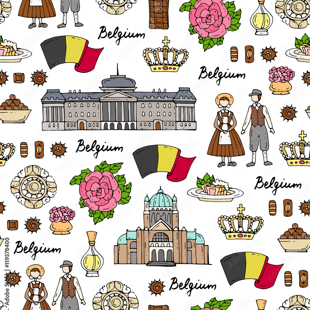 Vector seamless pattern with hand drawn colored symbols of Belgium ...