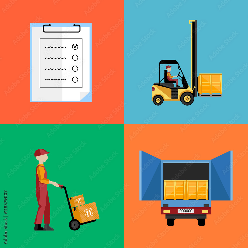 Warehouse process infographics four banners. Supply chain illustration ...