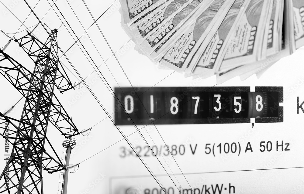 High voltage tower lines, electric meter display and american dollars ...