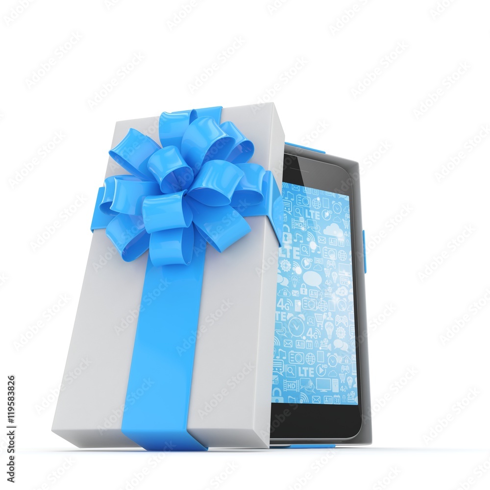 Smartphone in gift box. Isolated on white background. 3d rendering ...