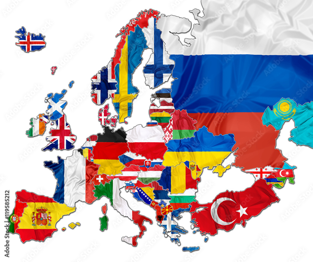 The european national flags in the map of Europe isolated on white ...