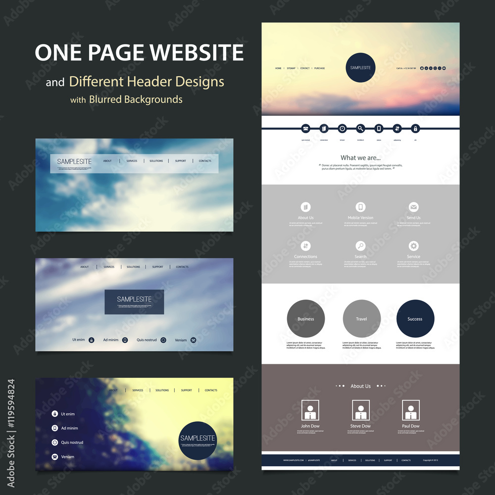 One Page Website Template and Different Header Designs with Blurred ...