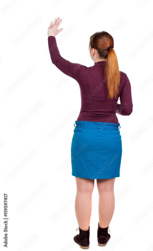 Back view of beautiful woman welcomes backside view of person. Isolated ...
