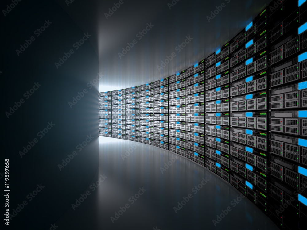 Server room represented by several server racks with strong dramatic ...