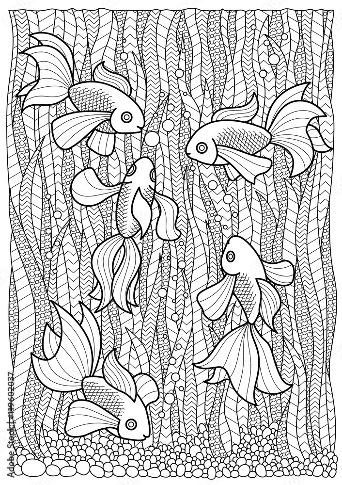 Hand drawn marine adult coloring page, fish swim in algae anti stress ...