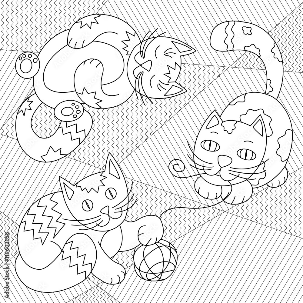 Cute Cats playing with clew on striped carpet - coloring page for kids ...