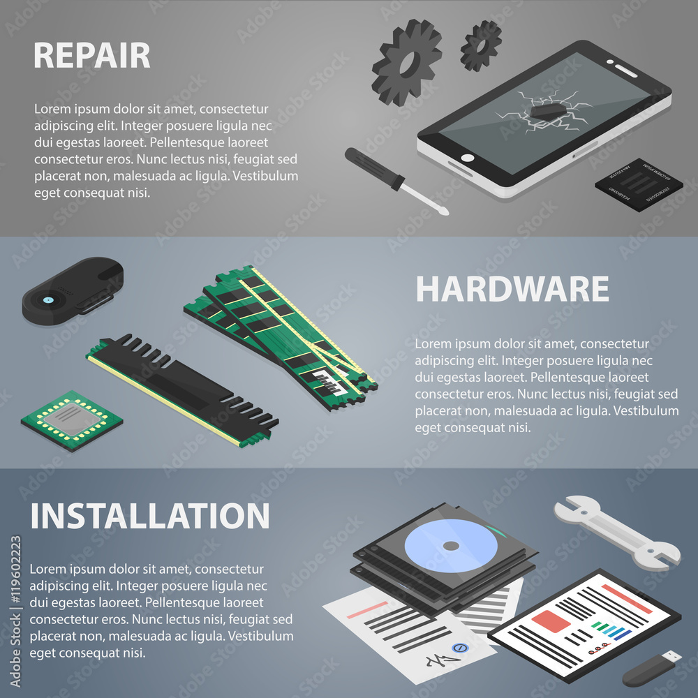 Vector isometric banners of repair, hardware and installation for ...