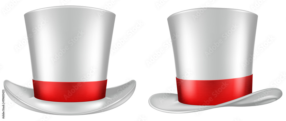 White top hat with red ribbon. Frontal and three quarter views. Vector ...
