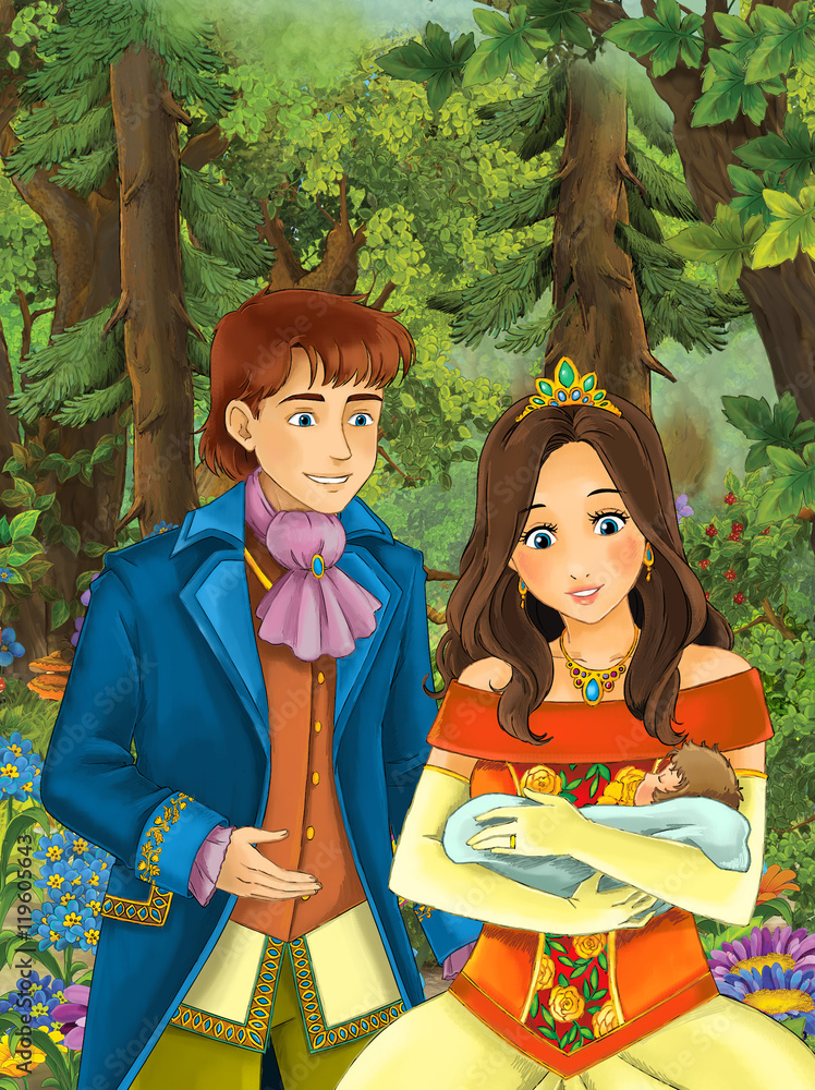Cartoon scene with cute royal charming couple on the meadow ...