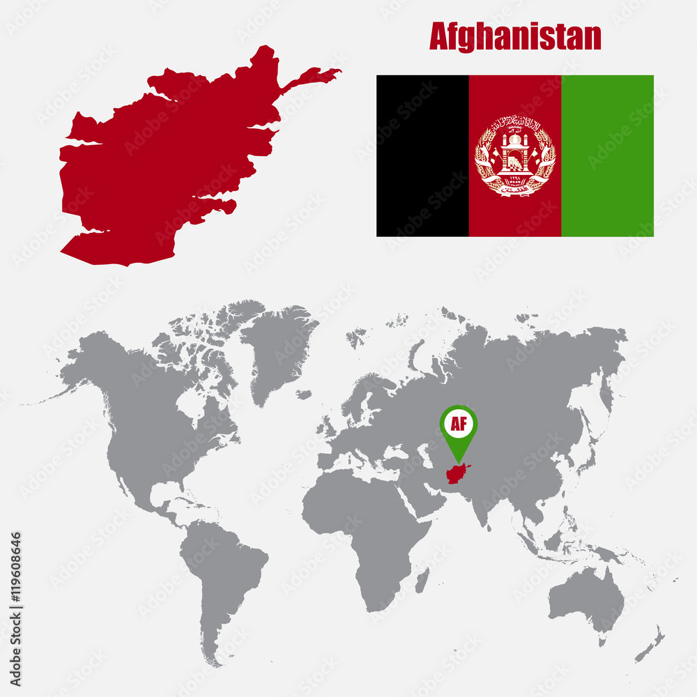 Afghanistan map on a world map with flag and map pointer. Vector ...