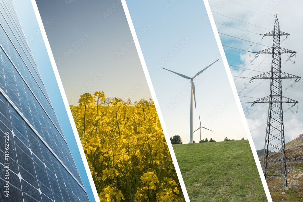 Nachhaltige und erneuerbare Energien Collage mit Solar Panel, Rapsfeld ...