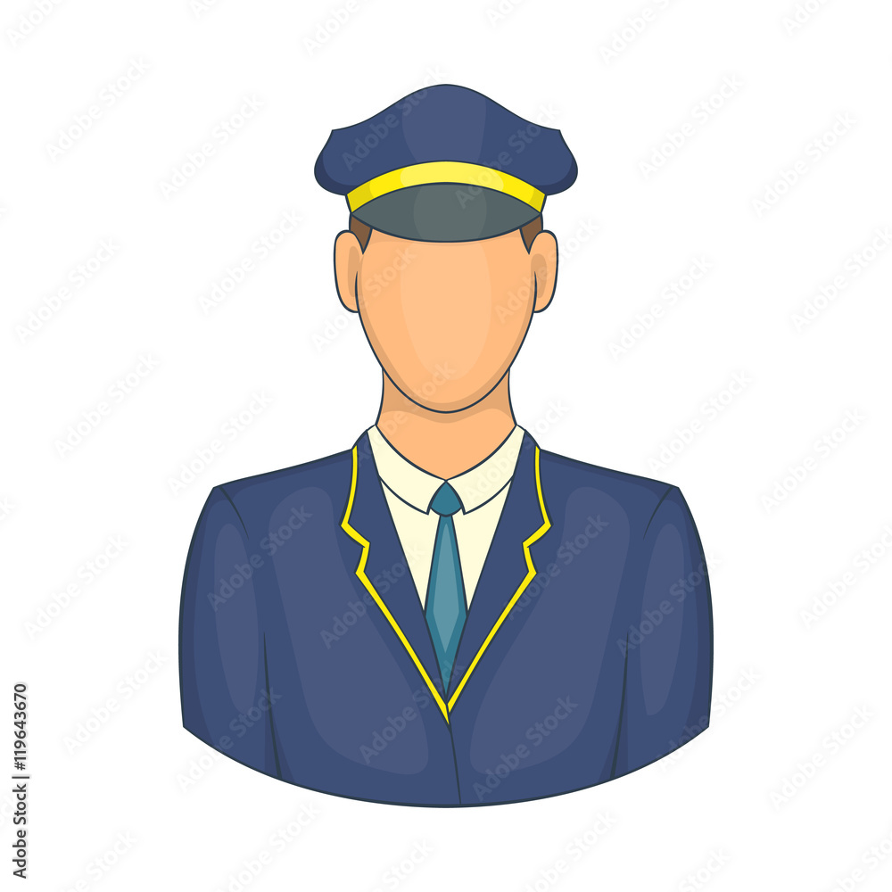 Driver of train icon in cartoon style isolated on white background. Job ...