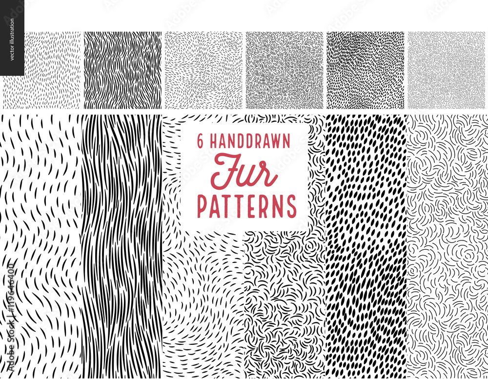 Handdrawn patterns set. Fur seamless patterns with an usage example ...