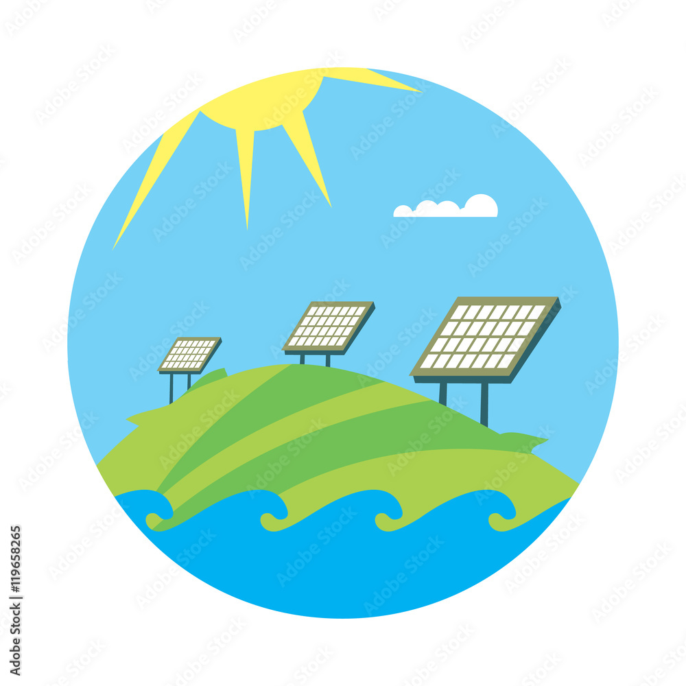 Clean energy, round vector illustration. Solar panels in field under ...