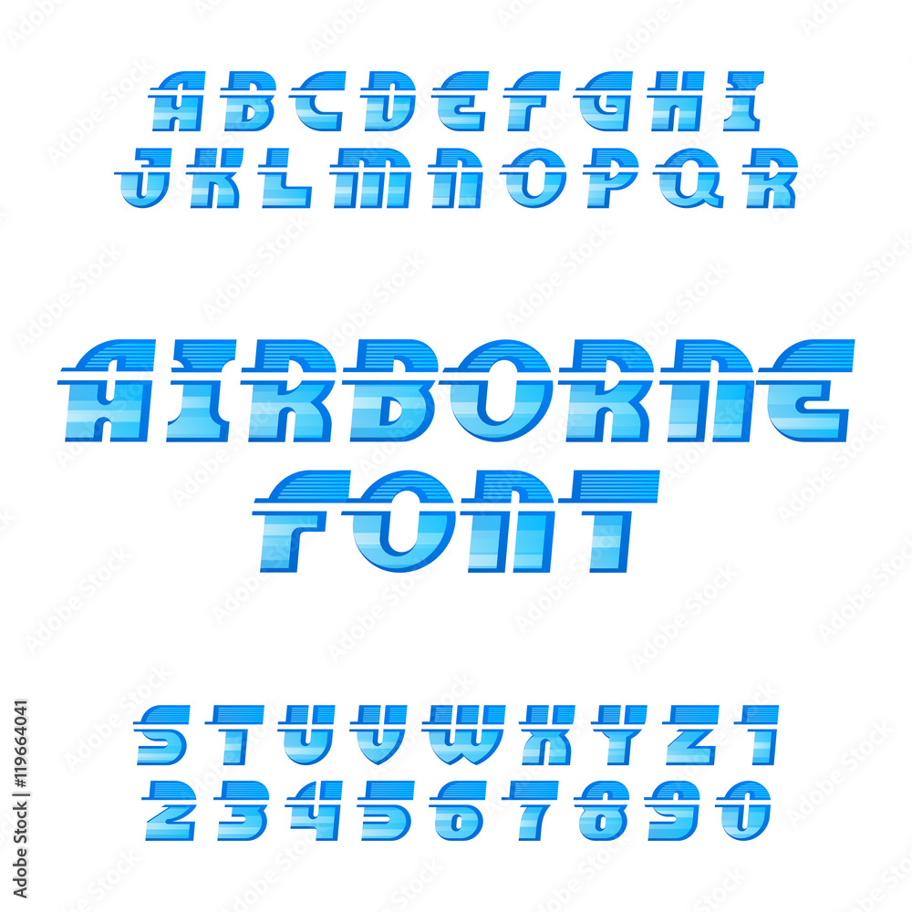 Airborne alphabet vector font. Oblique type letters and numbers on the ...