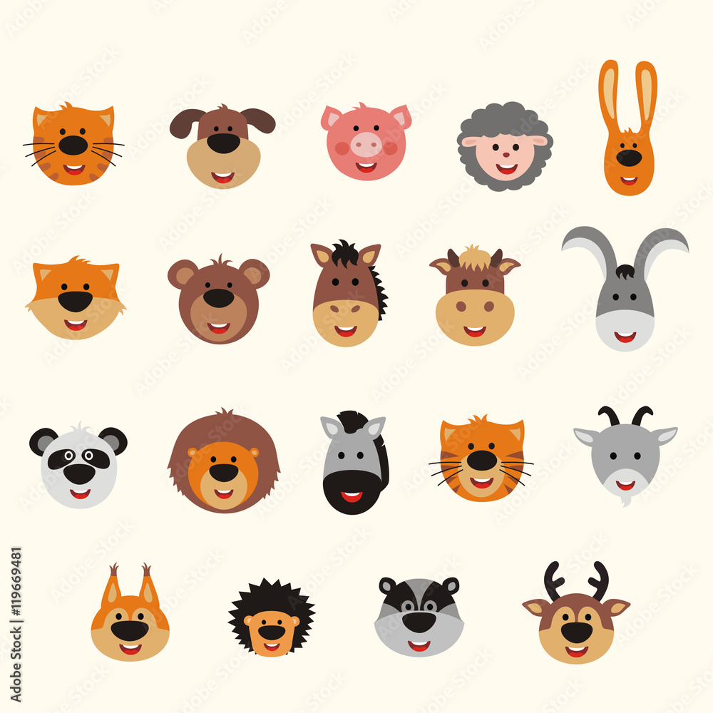 Big vector set animal faces. Collection of isolated animals faces in ...