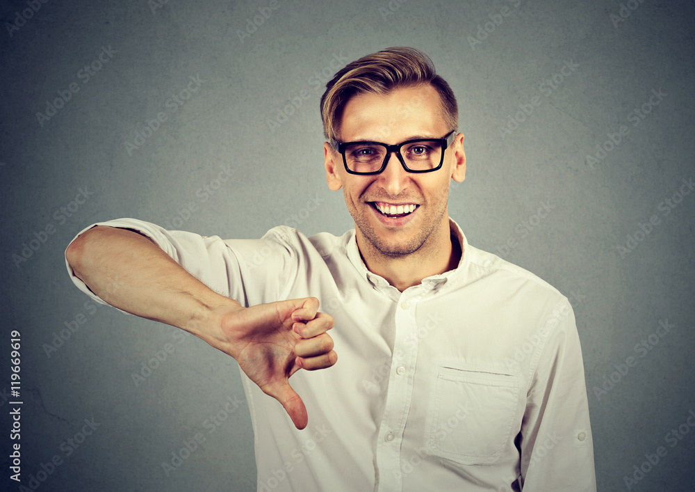 sarcastic man showing thumbs down sign happy someone lost failed Stock ...