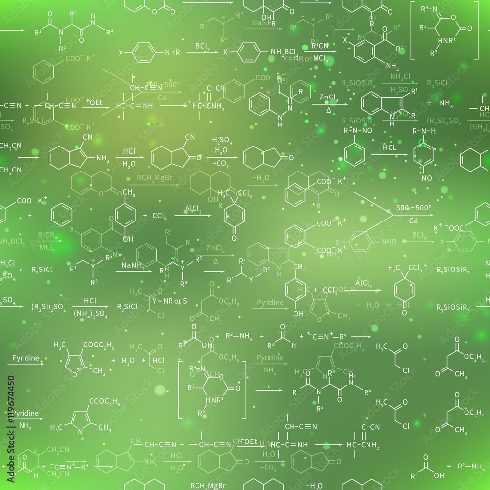 Recondite chemical equations and formulas on blurred green background ...
