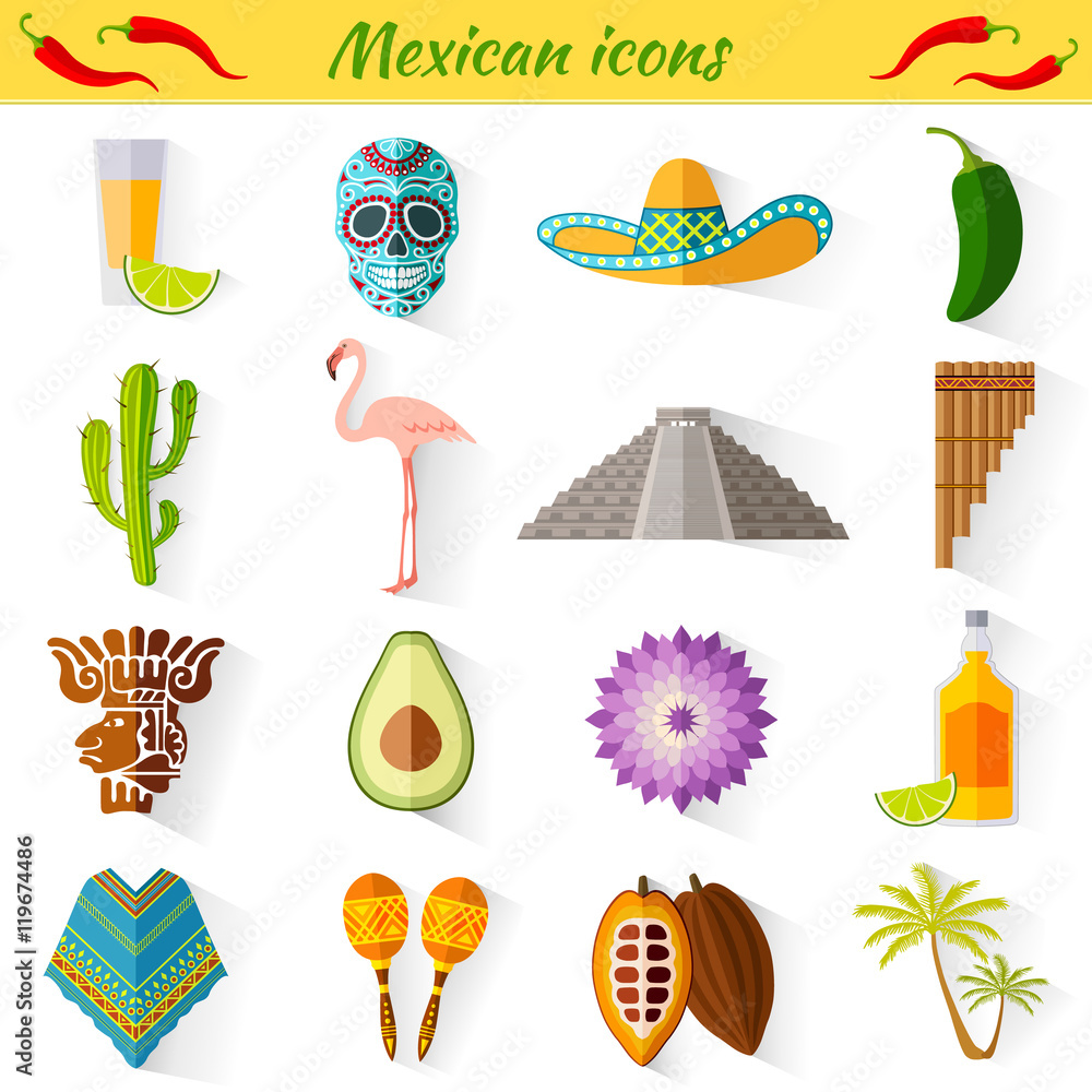 Set of vector travel Mexican icons. Collection of famous symbols and ...