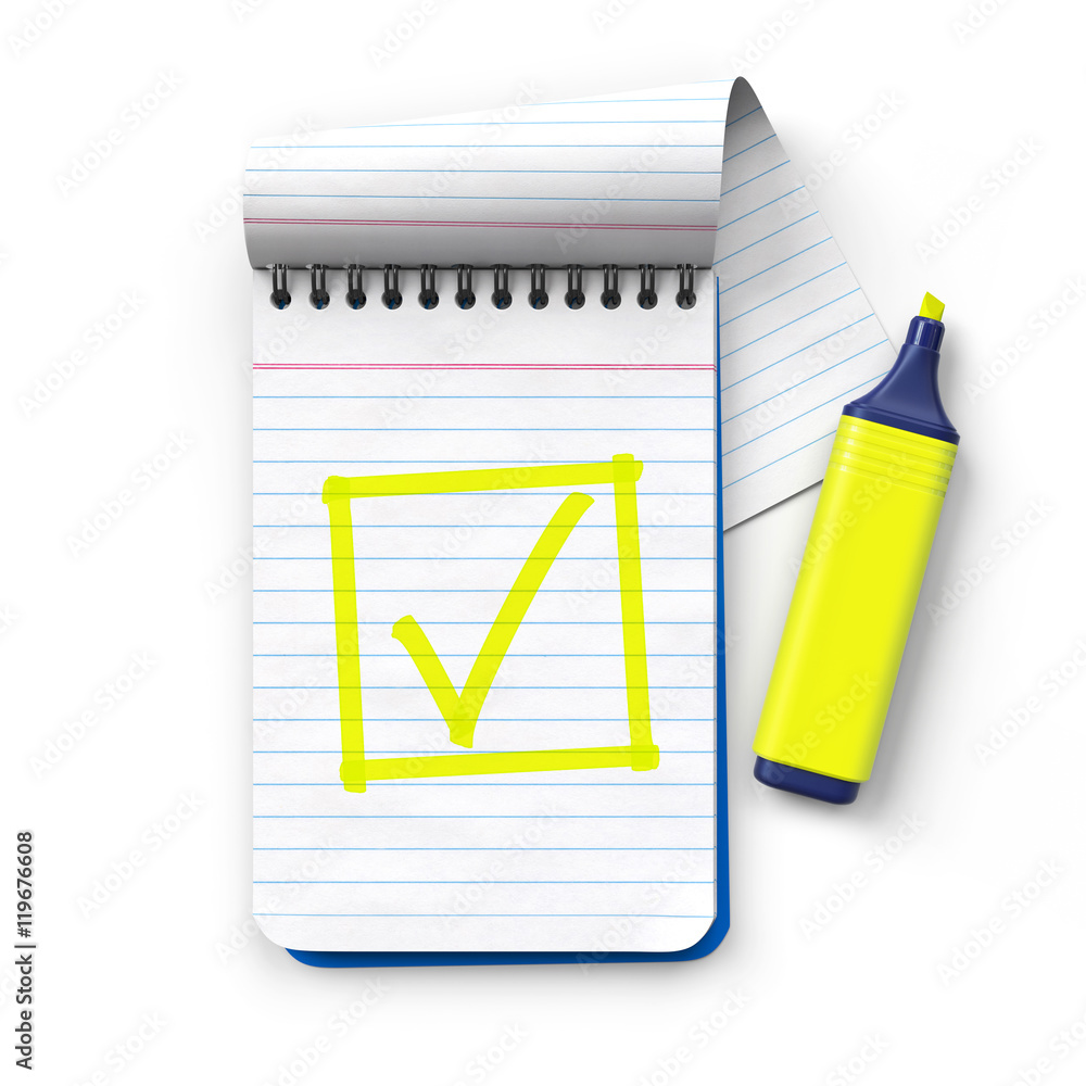 Notepad with yellow highlighter and check mark.Tick.3D rendering ...