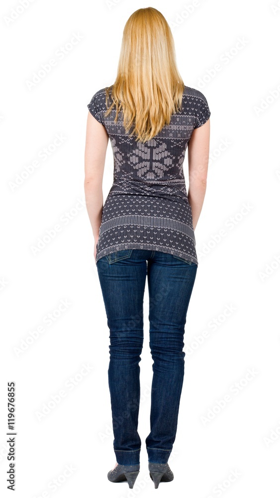 back view of standing beautiful blonde woman. Young girl in jeans ...