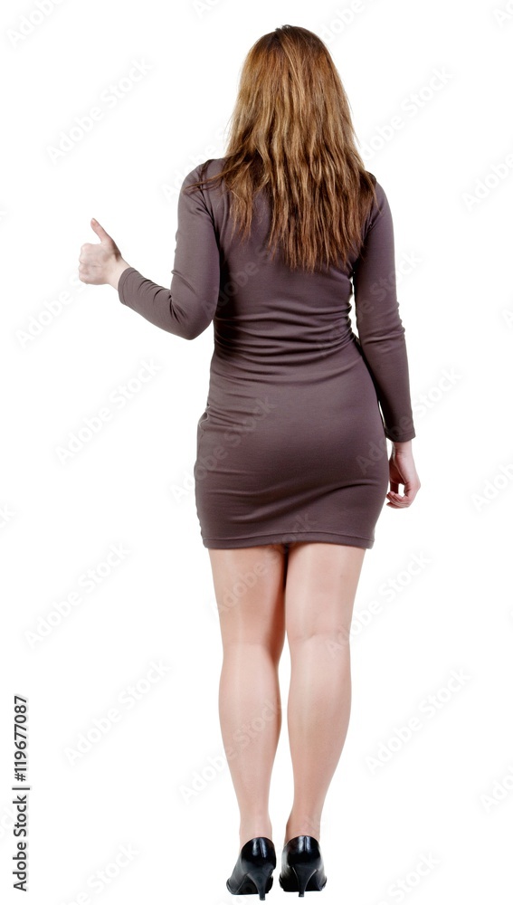 back view of woman thumbs up. rear view. Isolated over white . Rear ...