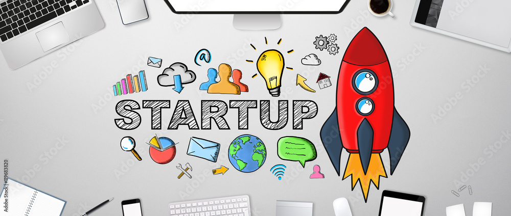 Hand drawn startup text with icons on office background Stock Photo ...