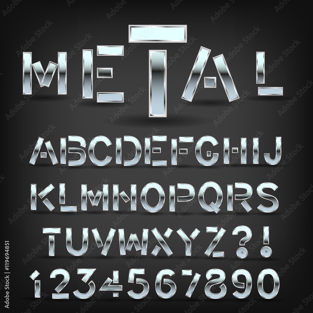 Metal font with shadow on black background. Chrome typeface symbols and ...