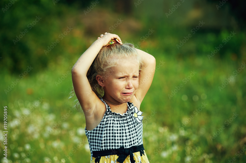 Little girl crying , on summer street . Closeup portrait Stock Photo ...